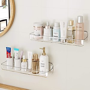 UDD Acrylic Shower Caddy Adhesive Shelf, 2pc Plastic Shower Organizer with Self Adhesive Tape, No Drilling Clear Wall Mount Shower Shelves for Bathroom Kitchen, Clear