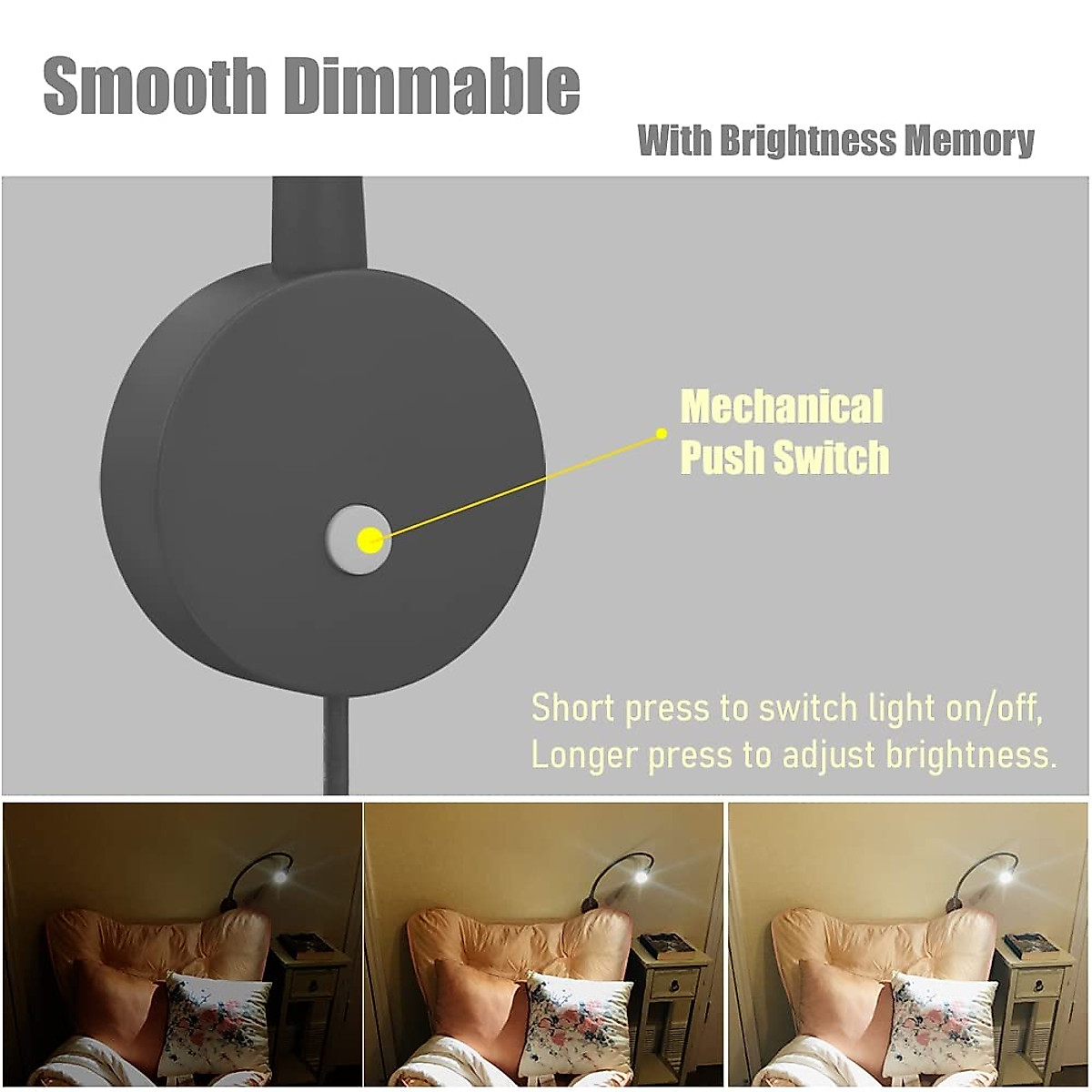 acegoo Bedside LED Reading Light Flexible Gooseneck Wall Lamp with USB Charger, Headboard Wall Surface Mount Dimmable Book Light, with Plug-in Power Adapter (Black Finish)