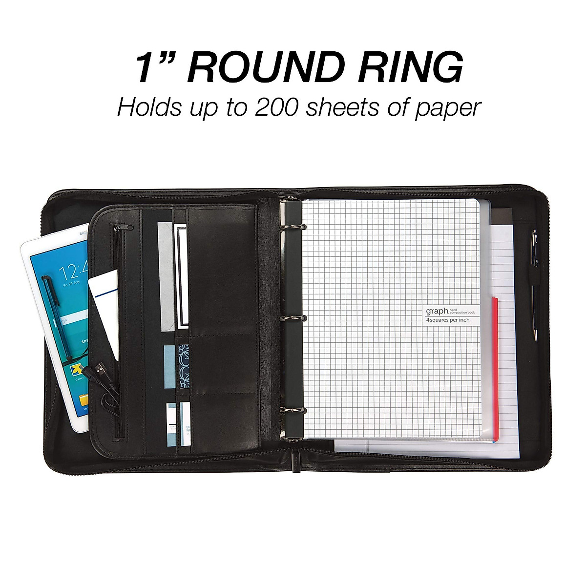 Samsill Professional 1-Inch Zipper Binder Padfolio with iPad Pocket, Interview Document Organizer, Includes Refillable 8.5 x 11 Inch Writing Pad and Pen Loop, Black