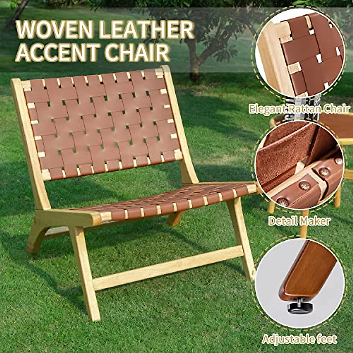 HeuGah Accent Chair,Woven Leather Midcentury Modern Accent Chair with High Back, Patio Lounge Chair, Cognac Leather and Natural Wood Recliner Chair for Living Room,Bedroom,Patio(Burlywood)