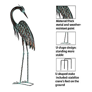 Kircust Garden Crane Statues, Standing Metal Patina Heron Decoy Outdoor Statue, 42-46 Inch Bird Yard Art for Patio Lawn Pond, Set of 2