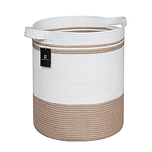 Hiromi Cotton Rope Basket - Decorative White Storage Bins for Room Organization - Firm Woven Hamper for Laundry - Toys, Towel, Cushion, Throw Pillow, Blanket Holder with Durable Handles - 16in x 18in Brown