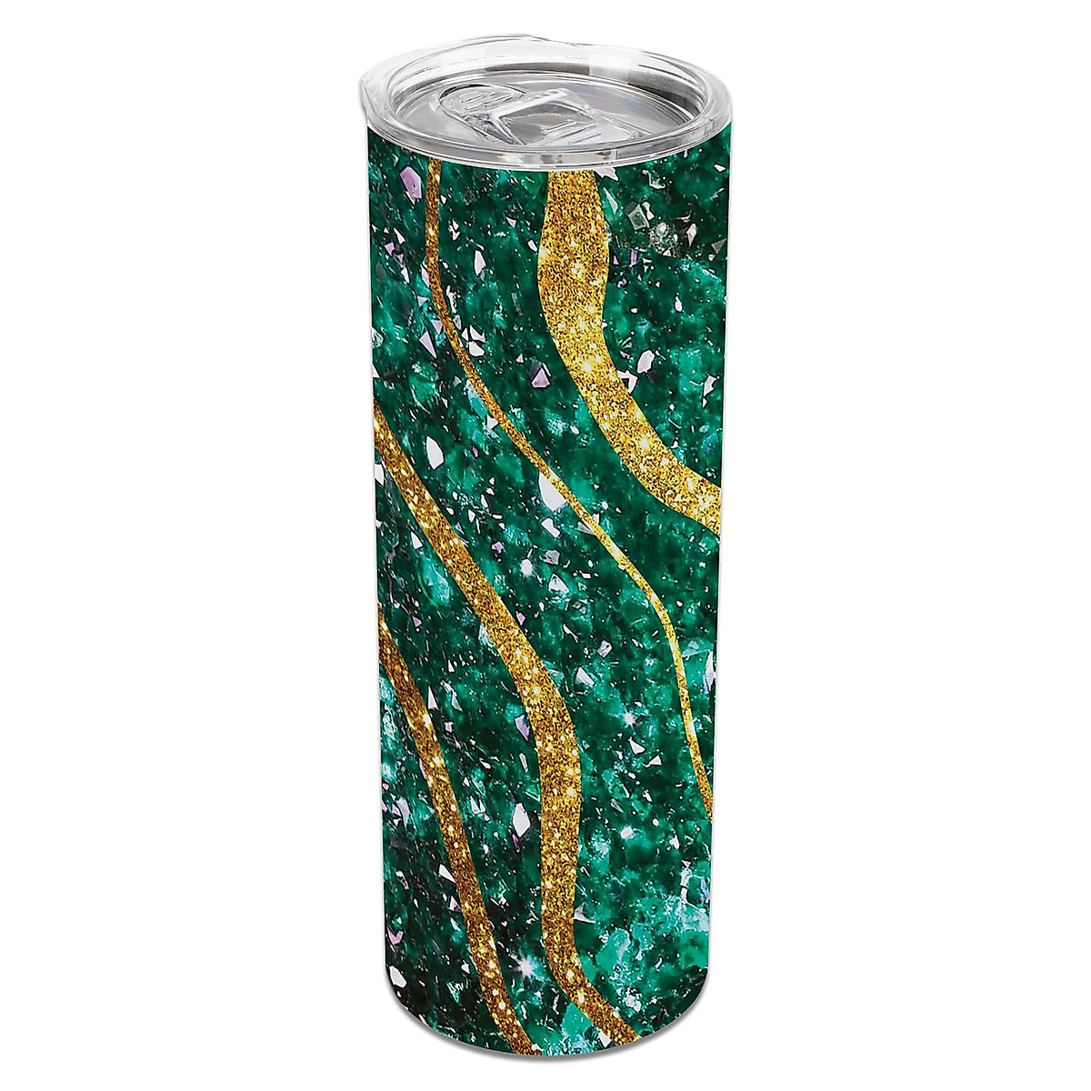 Elanze Designs Emerald Green & Shimmer Gold Sparkle Gemstone Wrap-Around Design 20 Ounce Stainless Steel On-The-Go Coffee Travel Insulated Skinny Tumbler Mug Cup with Slide Top Lid