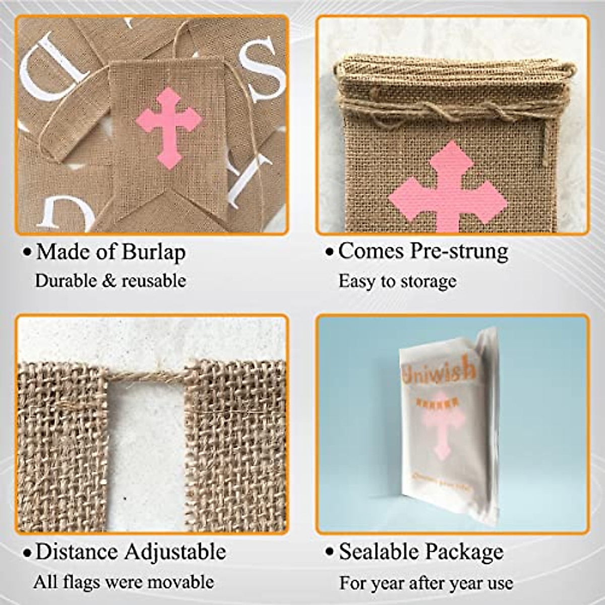 Uniwish God Bless Banner Baptism Decorations for Girls, Vintage Rustic Burlap Bunting Garland Christening Communion Party Supplies with Pink Cross