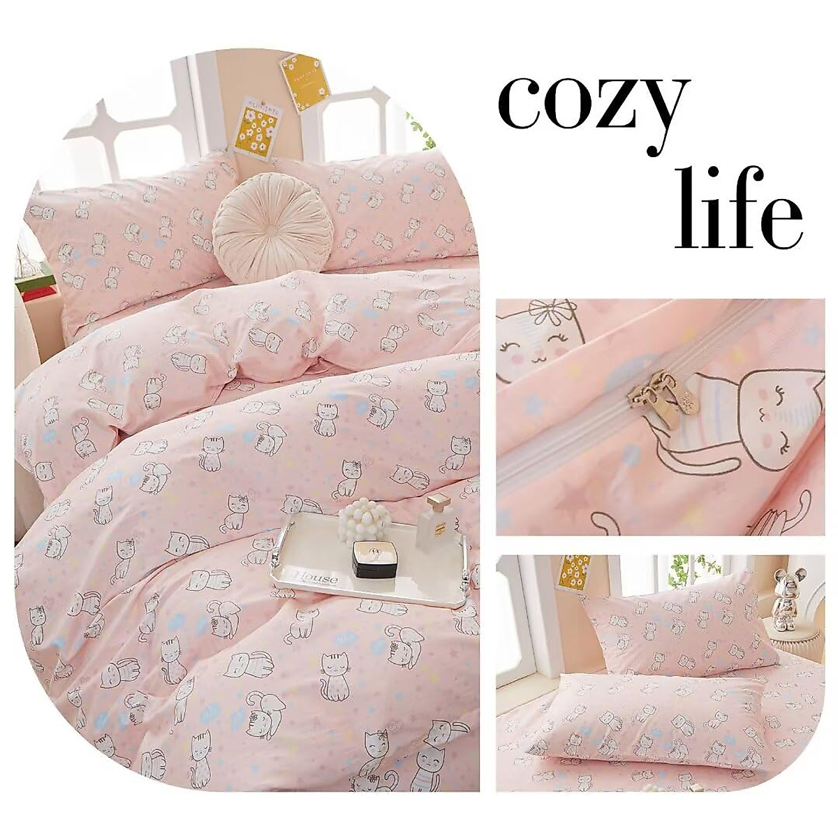 MKXI Queen Size Pink Floral Duvet Cover Cute Cats Duvet Cover for Girls White Cat Pattern Kids Bedding Set Pink Cartoon Comforter Cover for Children