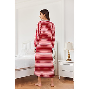 Ekouaer Women Striped Nightgown Long Loungewear Nightshirt Sleepwear with Pockets Red Stripe, X-Large