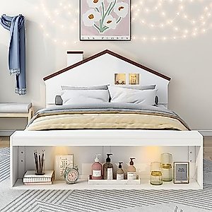 Harper & Bright Designs Full Bed Frames with House-Shaped Headboard, Wooden Kids Full Platform Bed Frame with LED Lights and Storage, Cute Single Full Led Bed for Girls Boys, White