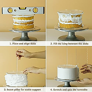 AQUIVER 8.25" Acrylic Round Cake Disk Set - Cake Discs Circle Base Boards with Center Hole (Set of 2) - 2 Comb Scrapers (4 Patterns) & Dowel Rod - Supplies for Cakes