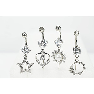 14G Surgical Steel Belly Button Rings Round/Love Heart Clear CZ Navel Curved Barbell Studs Sexy Body Piercing (4PCS - Steel - Style B)