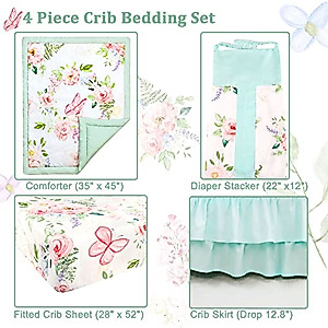 CARUILI 4-Piece Crib Bedding Set, Baby Girl Crib Bedding Set Butterflies Floral Nursery Bedding Set Includes Comforter, Fitted Crib Sheet, Crib Skirt, and Diaper Stacker, Green & Pink