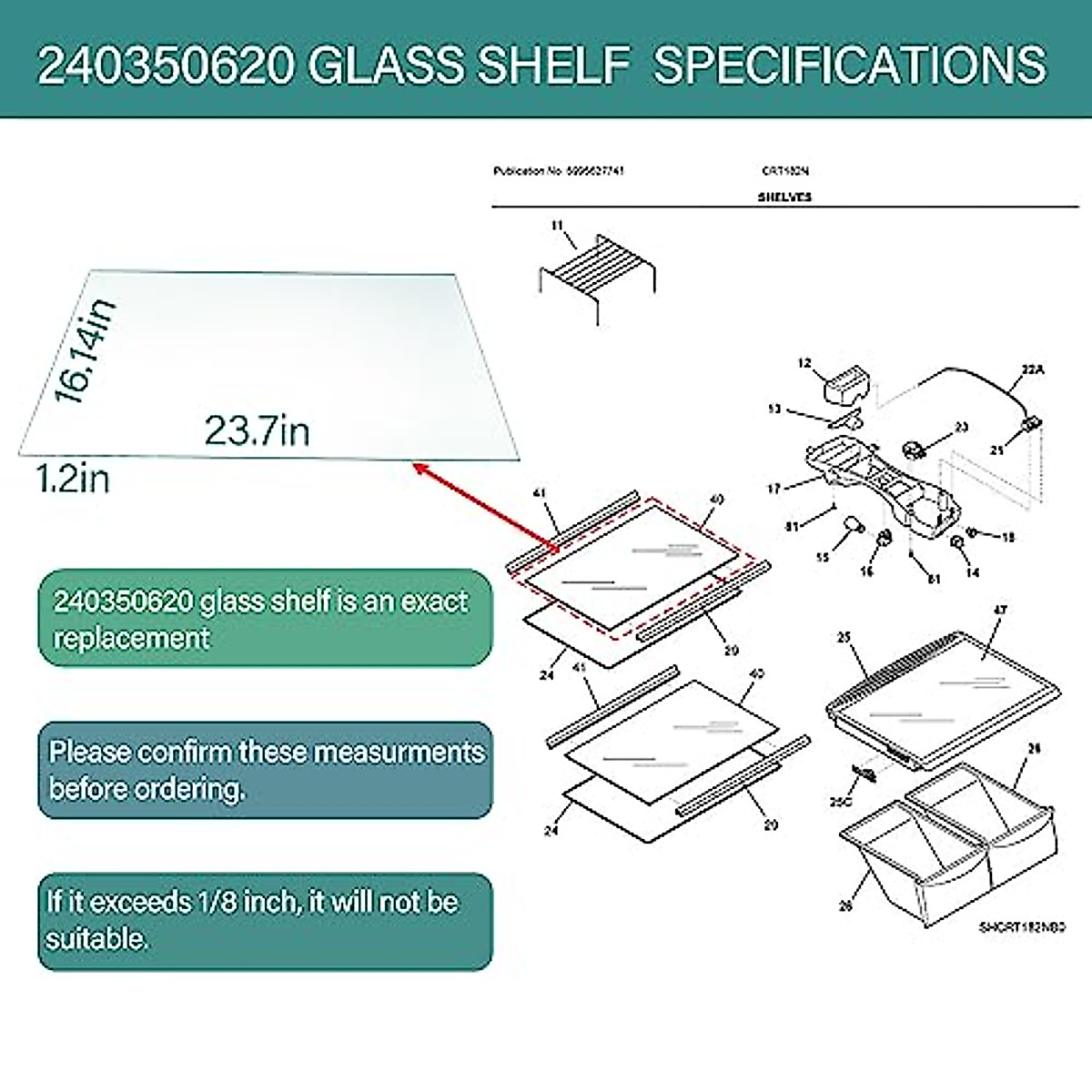 240350620 Glass Shelf 23.67in*16.14in Compatible with crosley, frigidaire, kelvinator, kenmore, white-westinghouse Refrigerator,Replaces PD00000513, 240350656, 240443904, 241711227, 891122, AP2115933