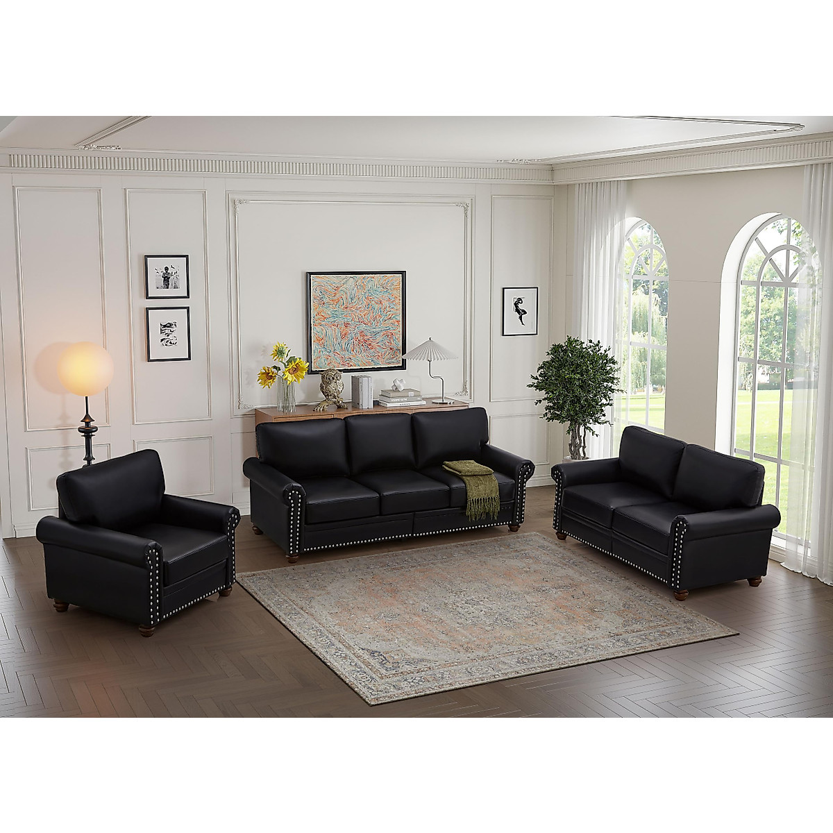 Moxoq Mid-Century Modern Faux Leather Living Room Sofa Set with Rivet Trim, Solid Wood Frame and Legs - Single, Double, Triple, 2+3 Seater, 1+2+3 Seater, 4 Color Options (Black, Single Sofa)