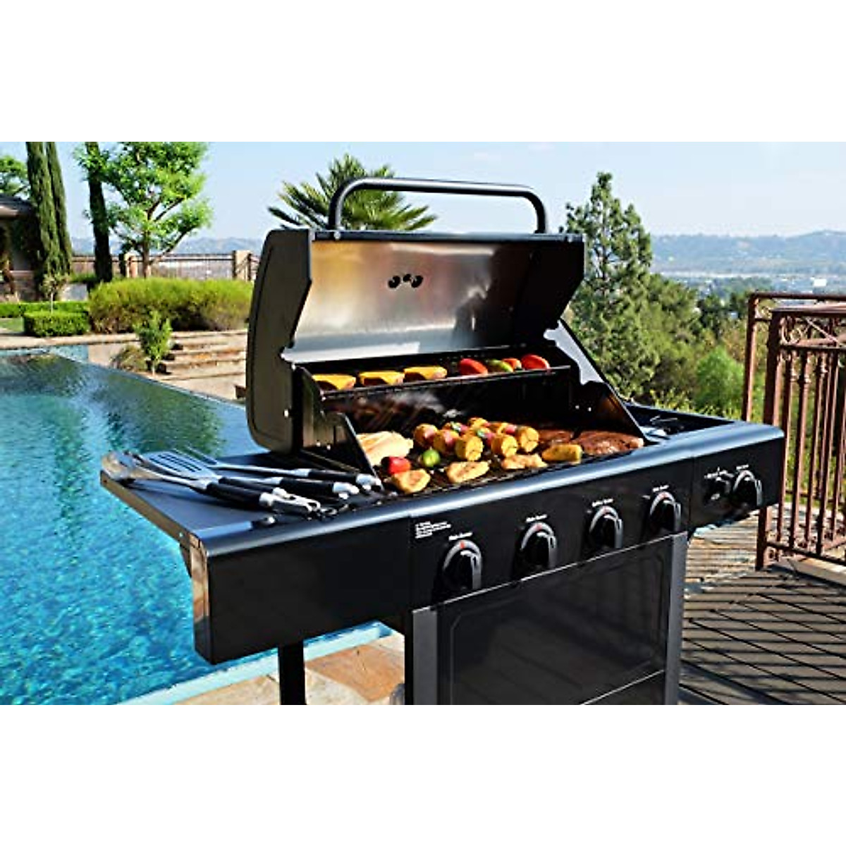 Kenmore PG-A40406S0L-1 BBQ Grill | 4-Burner Outdoor Barbecue Liquid Propane BBQ Gas Grill with Side Burner and Side Tables, 53000 BTU, Open Cart, Black