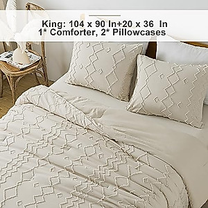 Andency Beige Tufted Comforter Set King(104x90Inch), 3 Pieces(1 Boho Comforter, 2 Pillowcases) Textured Farmhouse Comforter, Soft Microfiber Down Alternative Geometric Comforter Bedding Set