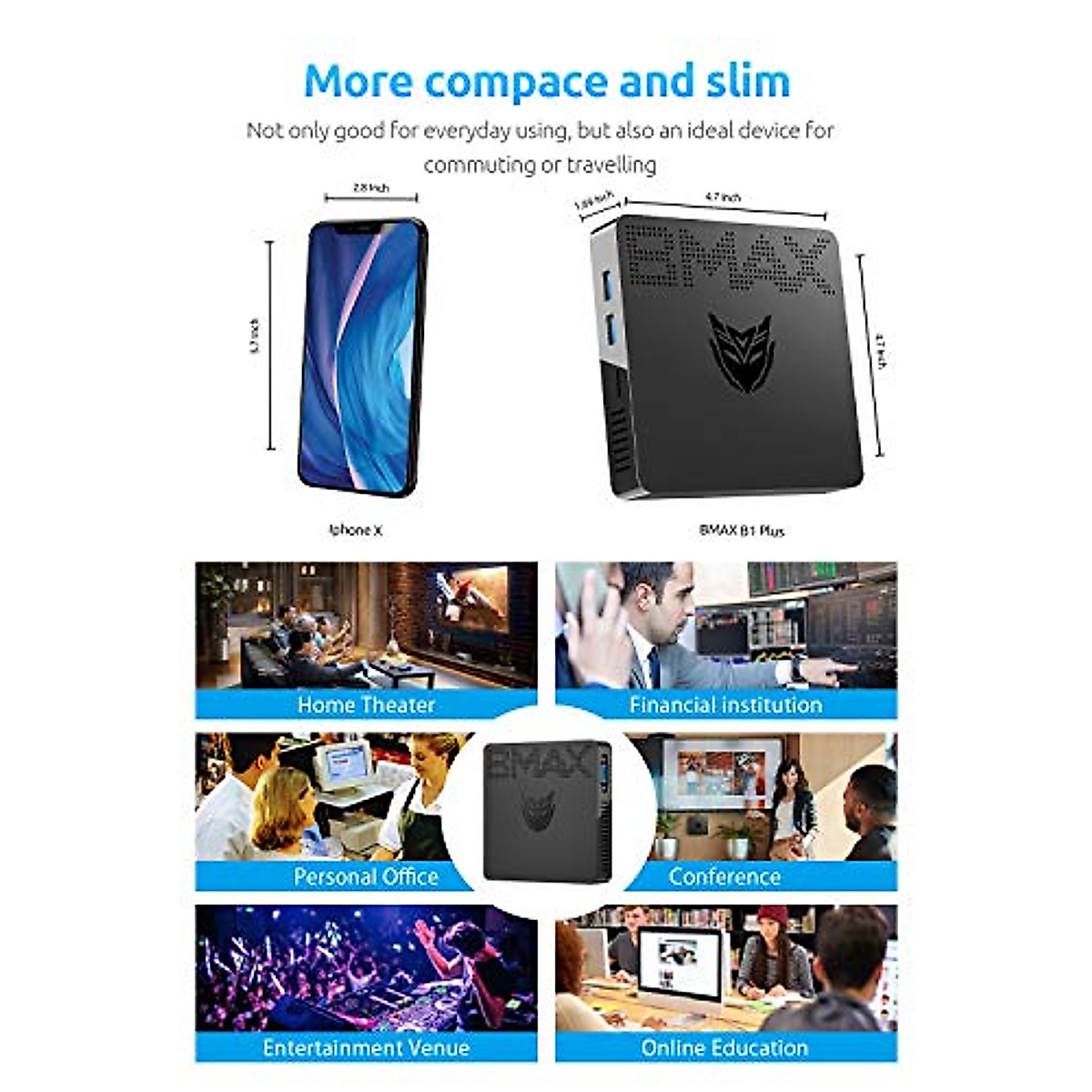 Bmax Mini PC 6GB DDR3/64GB eMMC Celeron N3350 (Up to 2.4 GHz) Support 512GB/2TB M.2 SSD Expansion, HDMI+VGA Port 4K HD Dual Display, 2.4G/5G Dual WiFi BT4.2, Micro Computer B1 Plus