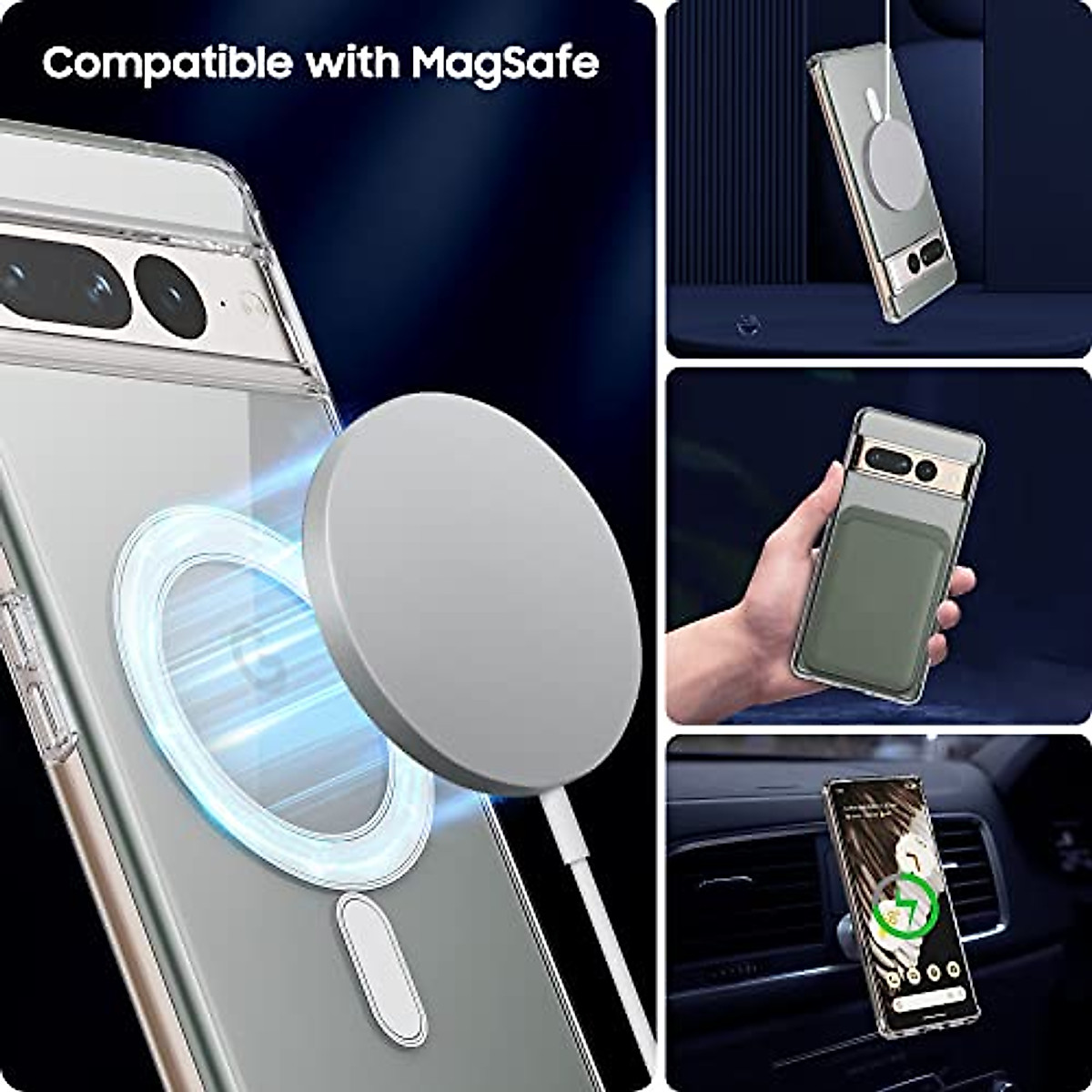 MAKAVO for Pixel 7 Pro Case, Magnetic Case Compatible with MagSafe, Slim Thin Hard Back & Soft Edges Crystal Clear Cover Shockproof Phone Shell with Camera Lens Protector