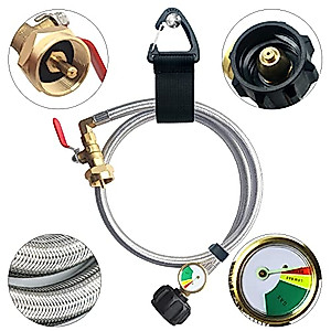 NQN Upgraded 36" Stainless Braided QCC1 Type Inlet Propane Refill Adapter Hose Extension Propane Refill Hose with Gauge and ON/Off Control Valve for 1LB Propane Gas Tank 350PSI High Pressure Camping