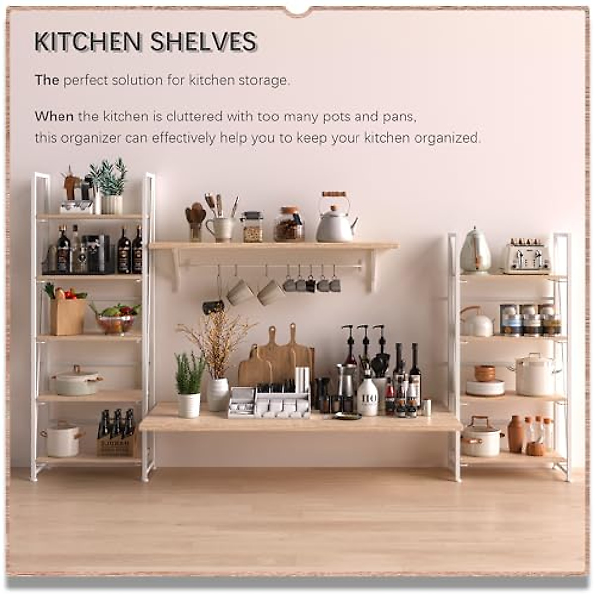 4NM No-Assembly Folding Bookshelf Storage Shelves 5 Tiers Vintage Bookcase Standing Racks Study Organizer Home Office (Natural and White)