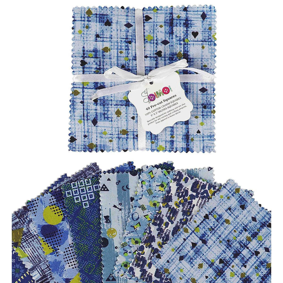 Soimoi Precut 10-inch Geometric Prints Cotton Fabric Bundle Quilting Squares Charm Pack DIY Patchwork Sewing Craft- Blue