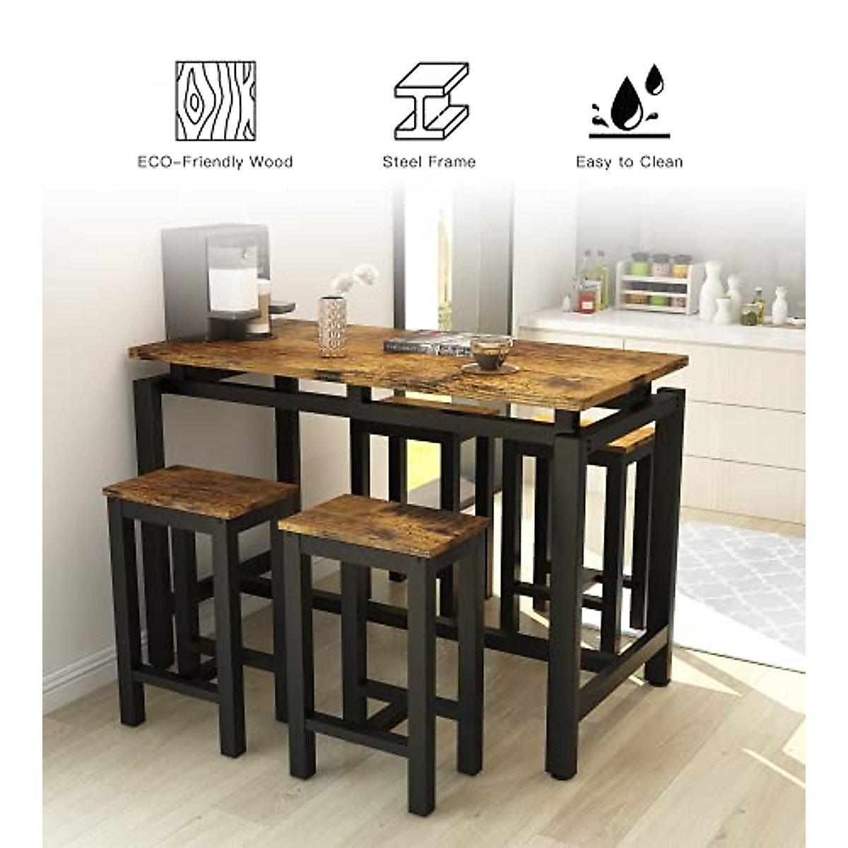 MIERES Dining Table Set for 4 - 5pcs Kitchen Counter with Bar Stools, Sturdy Metal Frame Home | Pub | Living Room | Breakfast Nook Furniture-34.7"H, Vintage Brown