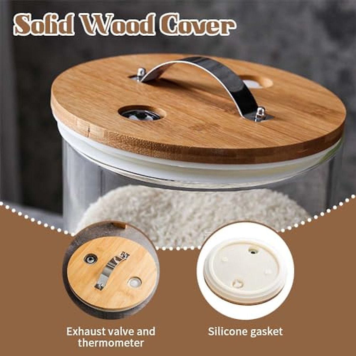 Rice Oatmeal Dispenser Storage Container - Flour and Cereal Glass Food Storge Container with Airtight Lid Wooden Stand & Measuring Cup for Kitchen Organization (5L)