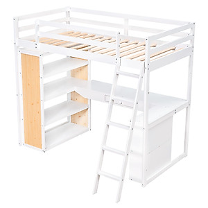 Harper & Bright Designs Twin Size Loft Bed with Desk and Drawer, Wood Twin Loft Bed with Desk,Shelves and Cabinet Underneath, High Loft Bed Twin with Storage for Kids, Boys,Girls,Teens (White,Twin)