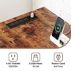 PRAISUN L Shaped Office Desk with Power Outlets, Reversible Computer Desk with Grid Bookshelf and Storage Bag, Gaming Desk, Home Office Desk Corner Desk with Hooks, Rustic Brown