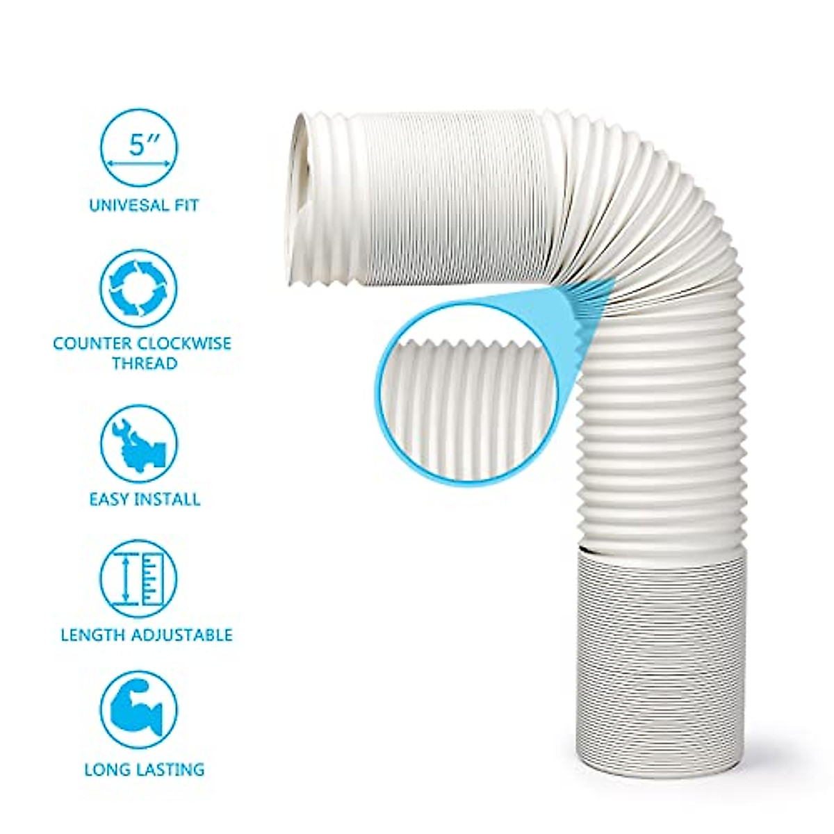 DuraComfort Air Conditioner Hose, Portable AC Exhaust Hose with 5 Inch Diameter 80" Length, Compatible with LG, Delonghi, Honeywell and More, Anti-Clockwise Thread