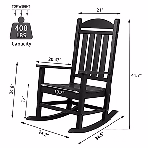 Xilingol Patio Rocking Chair, Poly Lumber Porch Rocker with High Back, 400Lbs Support Rocking Chairs for Outdoor Garden Lawn, Black