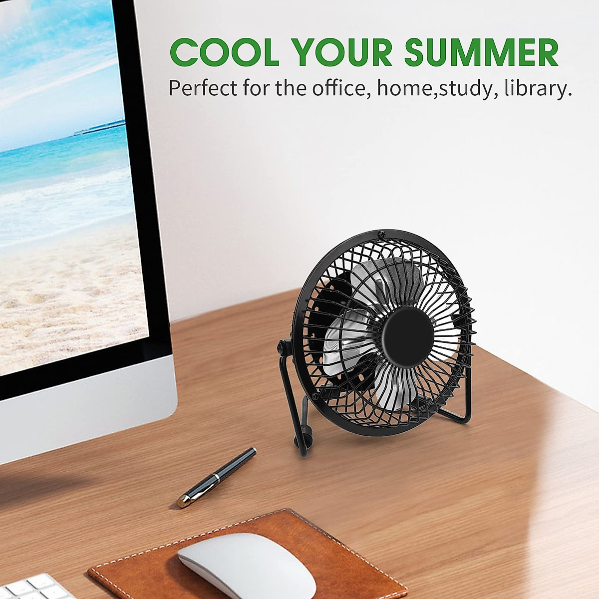 4 Inch Small USB Desk Fan, Mini Quiet Fan with Metal Construction & Strong Airflow & 360°Adjustable Tilt Angle, Personal Cooling Fan for Desktop Office (Black-2Pack)