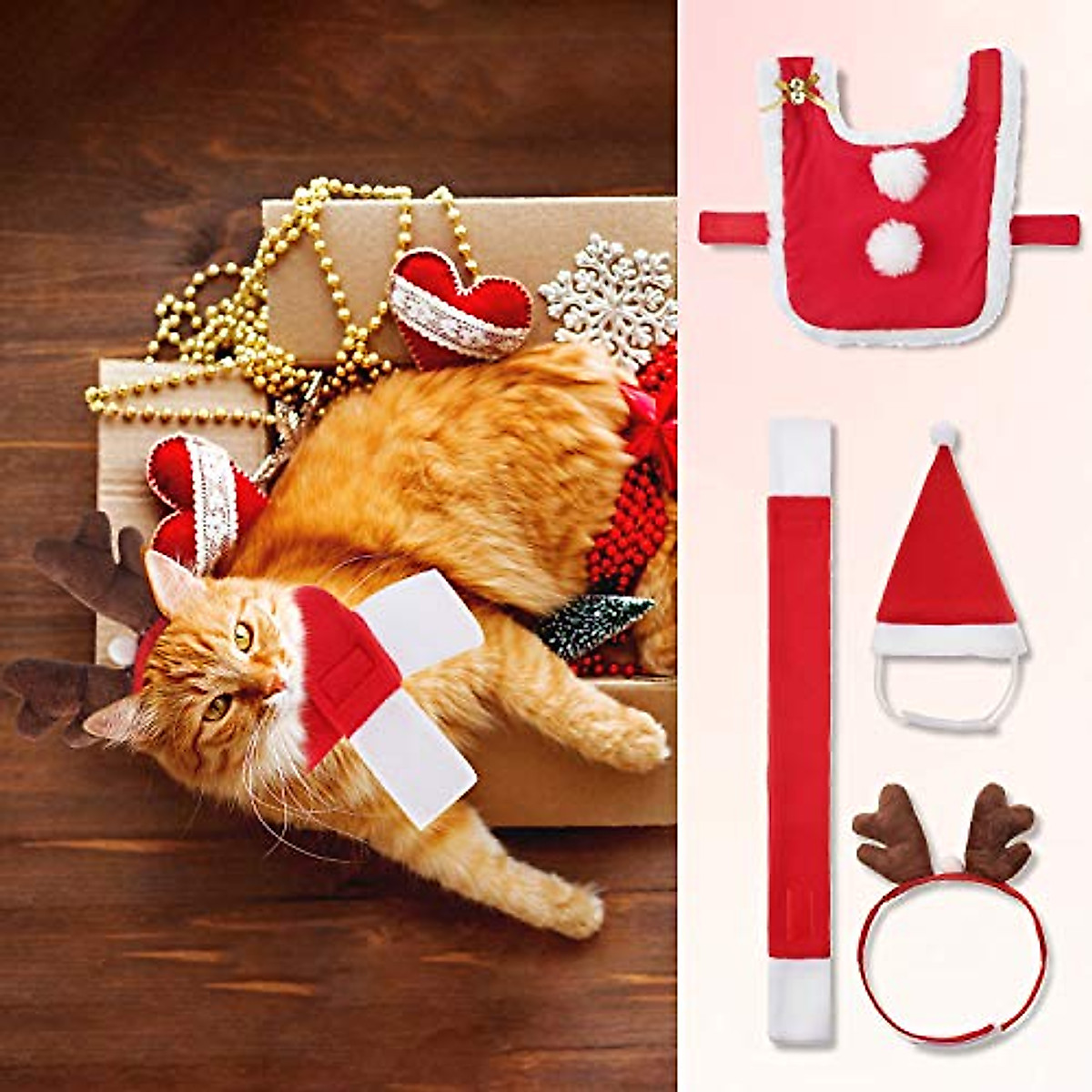 Syhood 4 Pieces Cat Christmas Costume Outfit Adjustable Cat Apparel Costume Cat Santa Christmas Hat and Scarf Cat Reindeer Antler Hat for Christmas Party Cosplay