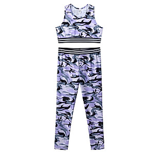 CHICTRY Kids Girls' 2 Piece Athletic Leggings with Tank Crop Tops Outfits sets for Gymnastics Sports Workout Fitness Camouflage Lavender 12-14 Years