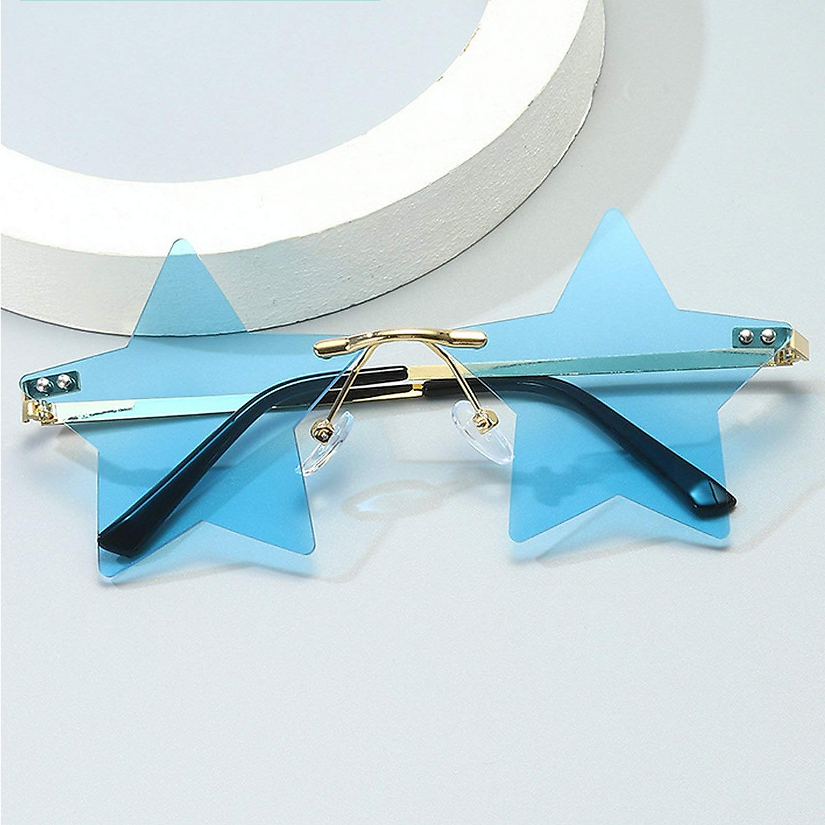 willochra Rimless Star shape Sunglasses Transparent Sun Glasses for women/men Party glasses Super Cute pentagram eyewears (blue)