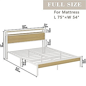 LIKIMIO Full Size Bed Frame, Platform Bed Frame with 2-Tier Storage Headboard, Solid and Stable, Noise Free, No Box Spring Needed, Easy Assembly, White and Log