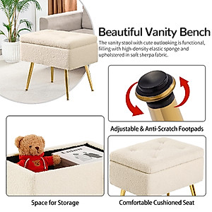 Furniliving Vanity Stool, 19.75" W x 14.75" W x 18.5" H Sherpa Vanity Bench with Storage, Faux Fur Vanity Chair for Makeup Room, Comfy Foot Rest Modern Ottoman for Bedroom, Living Room(IvoryWhite)