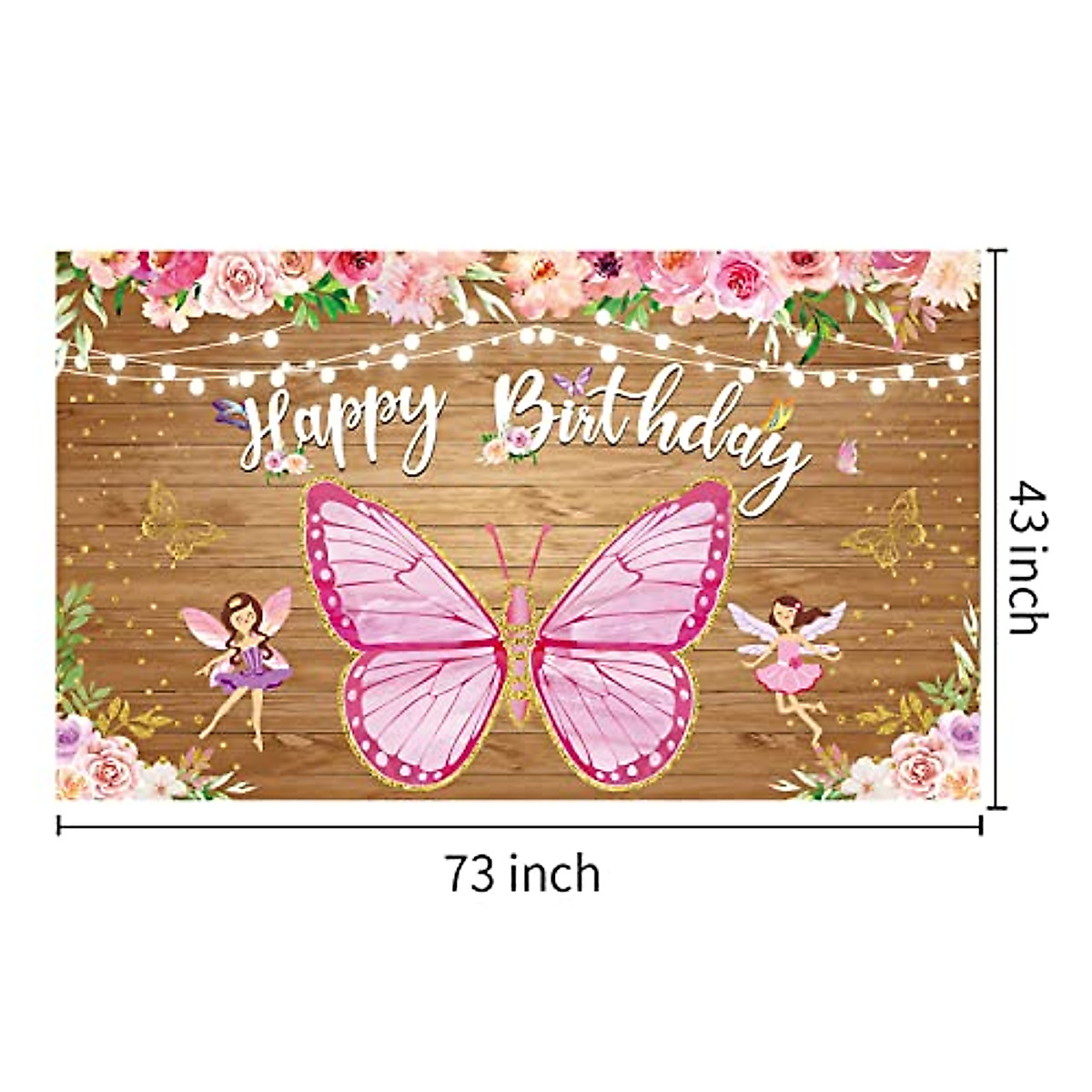 Butterfly Birthday Banner Backdrop Decorations for Girls Women, Fairy Themed Happy Birthday Backdrop Sign Party Supplies, 10th 16th 21st 30th 40th 50th Pink Flower Bday Background Decor