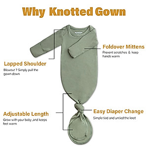 Baby Knotted Gown with Hat Set for Newborn Boy Girl, Ultra Soft Tie Gown with Mitten, Long Sleeve Infant Sleeper 0-3 M Grey Green