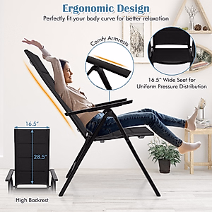 Tangkula Patio Folding Chair Set of 4, Outdoor Dining Chairs with Soft Padded Seat, 7-Position Adjustable Backrest, Armrests, Portable Sling Reclining Chairs for Porch Pool Backyard Camping (4, Black)