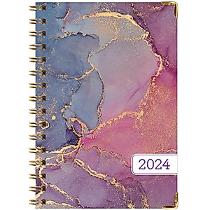 Global Printed Products HARDCOVER 2024 Planner: (November 2023 Through December 2024) 5.5"x8" Daily Weekly Monthly Planner Yearly Agenda Bookmark, Pocket Folder & Sticky Note Set (Pink Purple Marble)