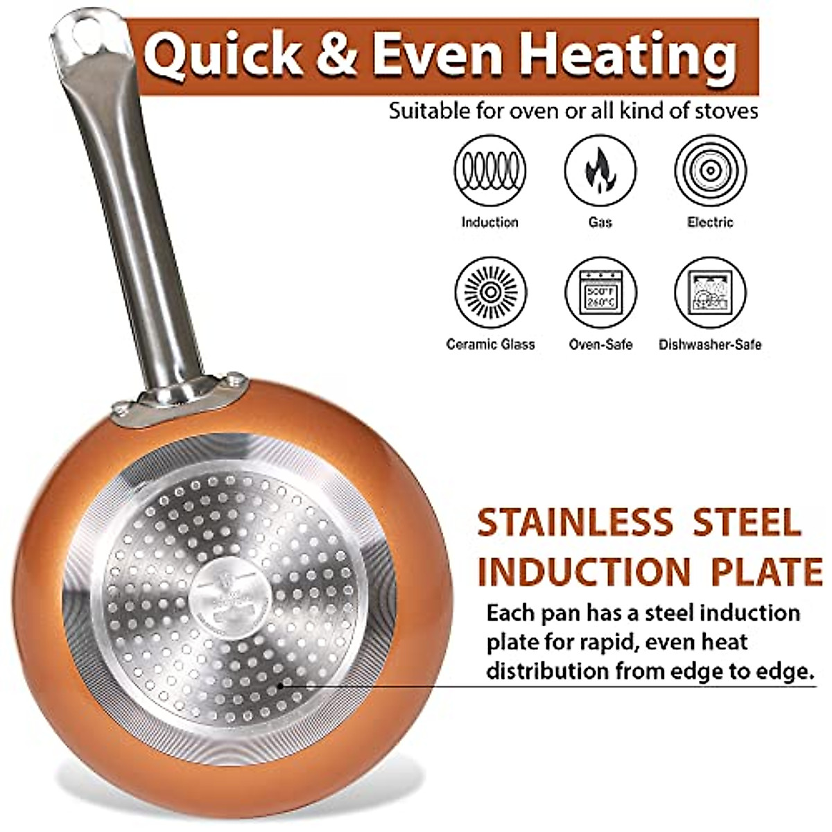 FOOD BOUTIQUE Copper Nonstick Ceramic Frying Pan with lid – 8-inch Egg Cooking Pan with tamper glass lid