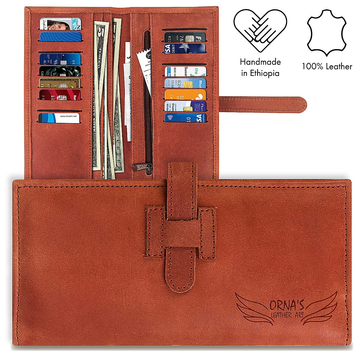 ORNA'S LEATHER ART GOLDFINCH COGNAC WALLET: Women’s Brown Billfold, Stylish, Handcrafted, Real Cowhide, Spacious, 18 Card Holders, 6 Money Pockets,