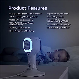 Hubble Connected Nursery Pal Cloud Smart Connected, Wi-Fi Enabled Baby Monitor with 5-Inch HD Color Parent Unit Viewer, Soothing Sounds and White Noise, 7-Color Night Light, Wall Mount, White
