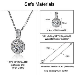 ZYI Moissanite necklaces for women Lab Created Diamond Round Moissanite Pendant Solitaire Necklace Chain Adjustable 18K White Gold Plated Sterling Silver Necklace Gift for Mother Wife