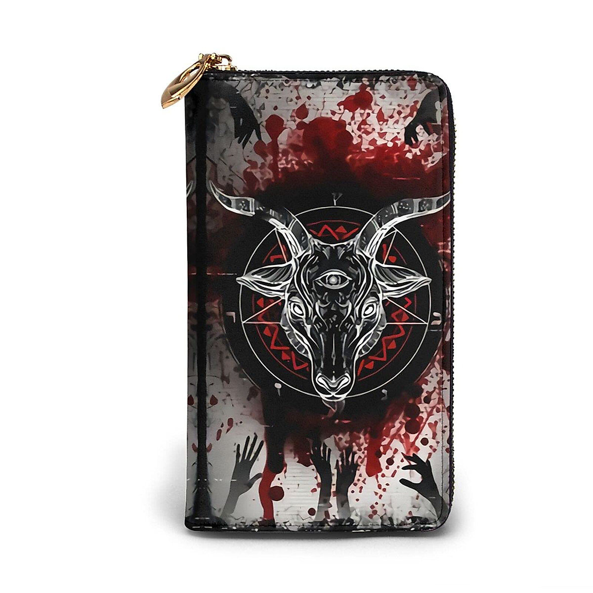 YANGDADA Pentagram With Demon Baphomet Satanic Goat Head Cowhide Leather Clutch Print Long Wallet For Women Purse Ladies Organizer Zip Around Cards Phone Holder
