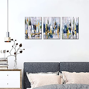 Yuegit Blue Abstract Canvas Wall Art for Living Room :3 Piece Wall Art Framed for Bedroom Wall Decor Coastal Abstract Wall Art Ready To Hang 12X16 Inch Each