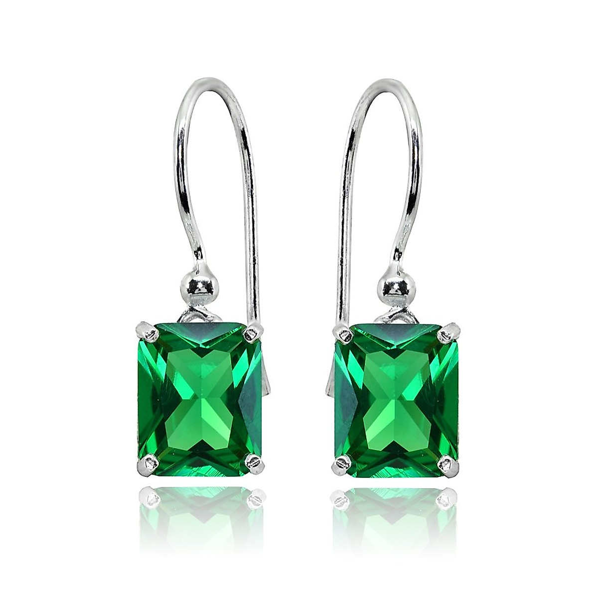 Sterling Silver Simulated Emerald Octagon-Cut Solitaire Drop Dangle Earrings for Women
