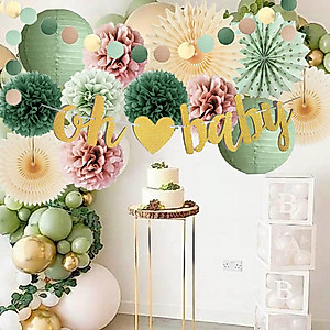 Dusty Rose and Sage Green Baby Shower Decorations Paper Lanterns Tissue Paper Pom Poms Olive Sage Green and Dusty Pink Party Decorations with Oh Baby Banner Gold for Baby Girls