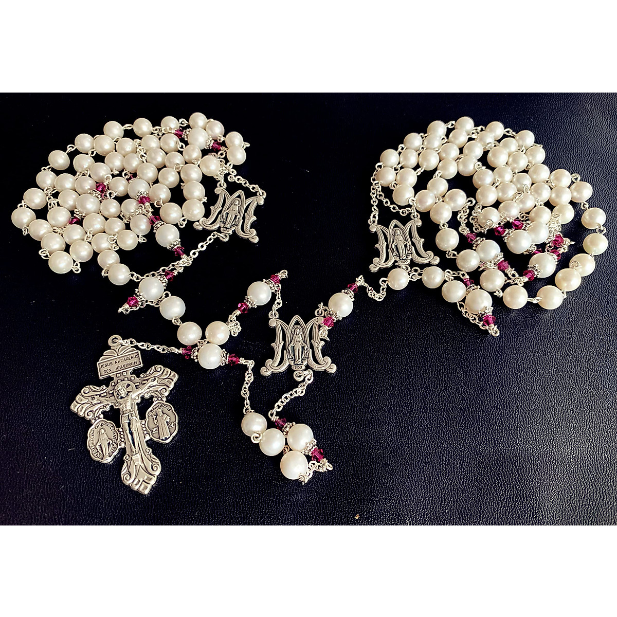 elegantmedical Pearl Cross Necklace lasso STERLING SILVER FATHER BEADS wedding rosary
