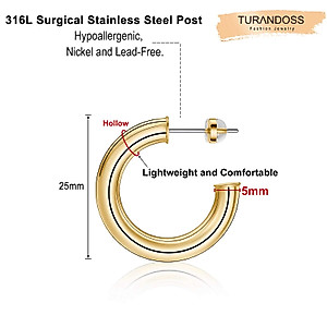 Turandoss Gold Hoop Earrings, 14K Gold Plated Lightweight Chunky Open Hoops for Women, 25mm Diameter, Nickel Free, Hypoallergenic