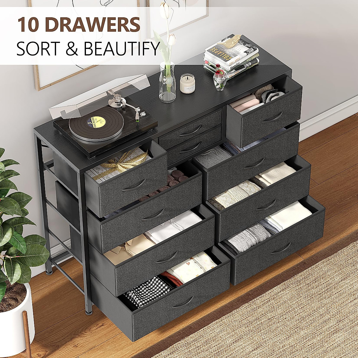 GAOMON Dresser for Bedroom TV Stand for 55” TV, Entertainment Center with 10 Drawers, Storage Organizer Unit for Living Room, Closet, Entryway, Hallway (Black)